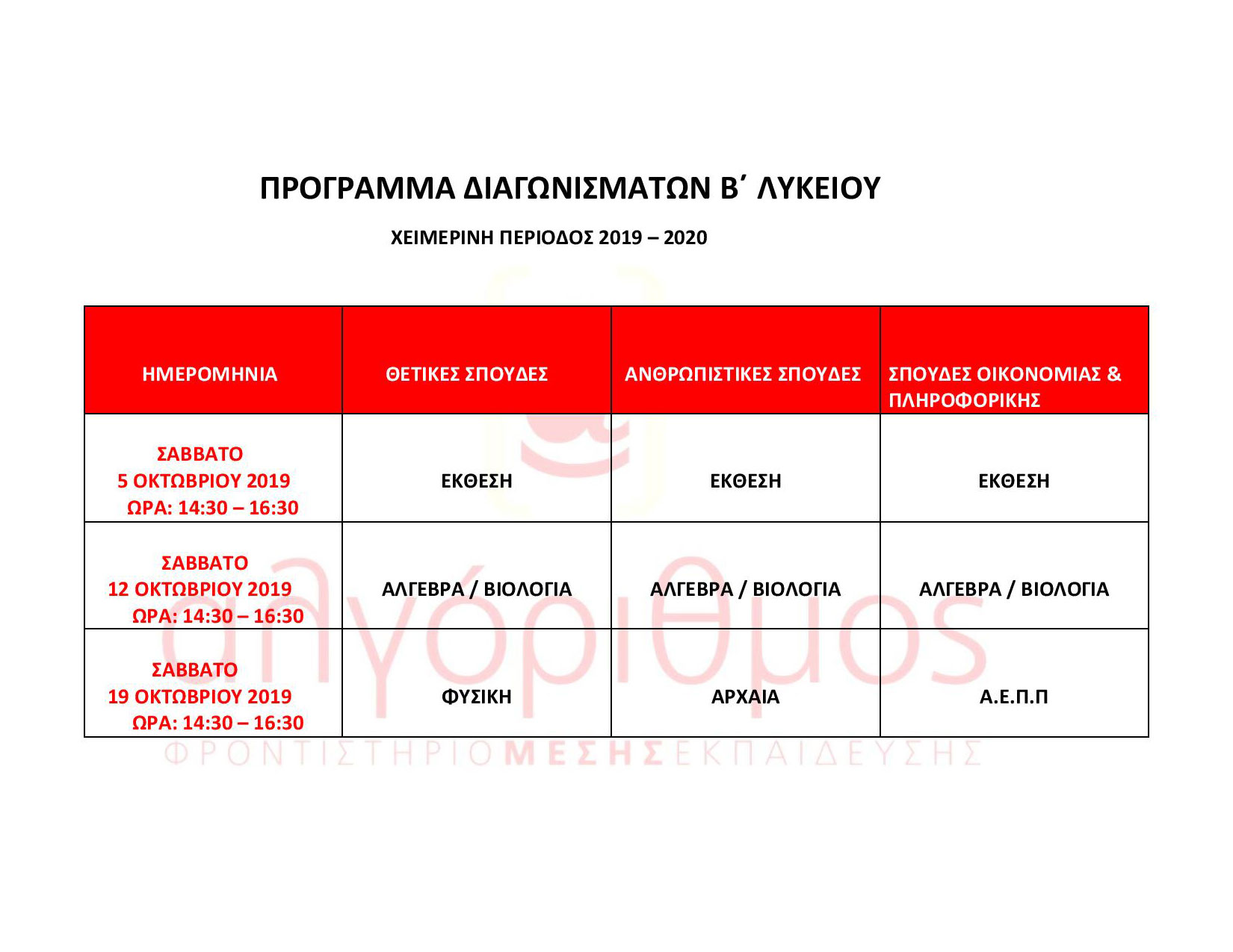 ΠΡΟΓΡΑΜΜΑ ΔΙΑΓΩΝΙΣΜΑΤΩΝ Α’ & Β’ ΛΥΚΕΙΟΥ – Αλγόριθμος Φροντιστήριο Νεα ...